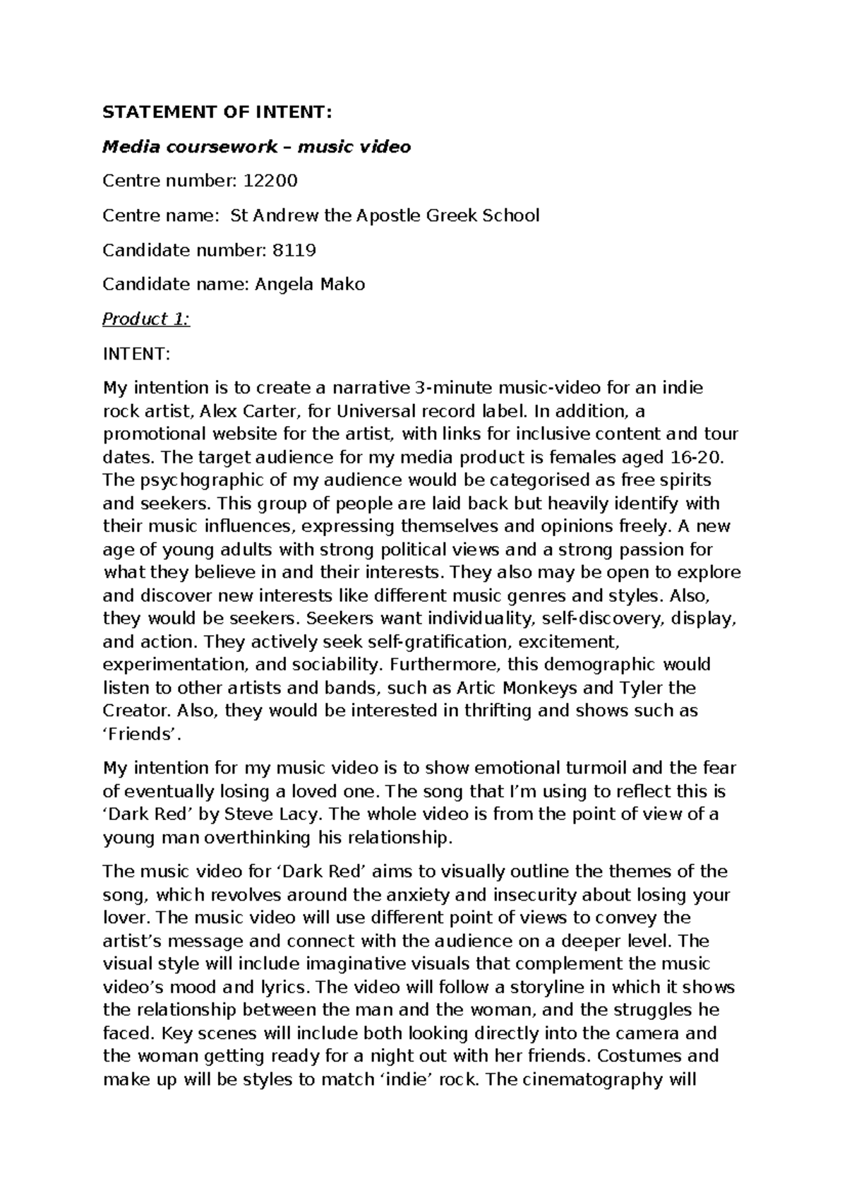 Statement of intent - media coursework - STATEMENT OF INTENT: Media ...