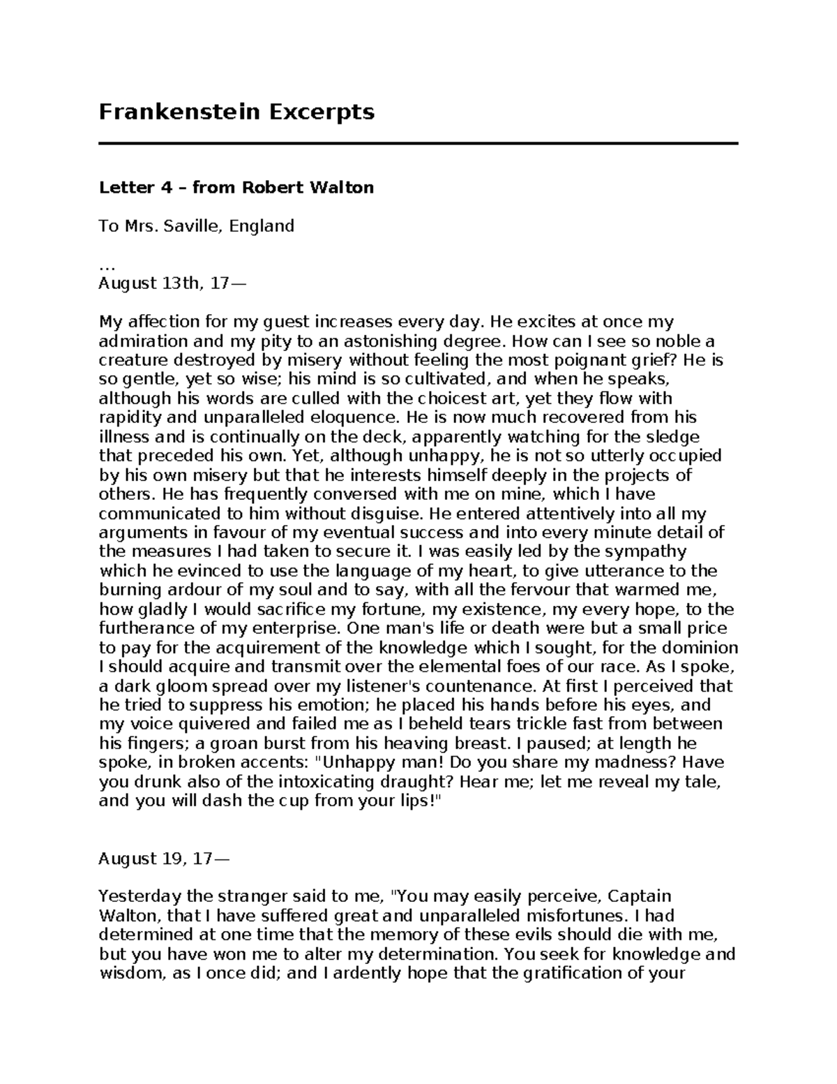 Frankenstein excerpts - Frankenstein Excerpts Letter 4 – from Robert ...