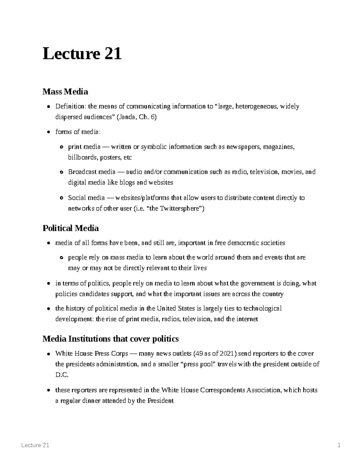 Lecture 21 - Cameron Dehart - Lecture 21 1 Lecture 21 Mass Media Definition: the means of - Studocu