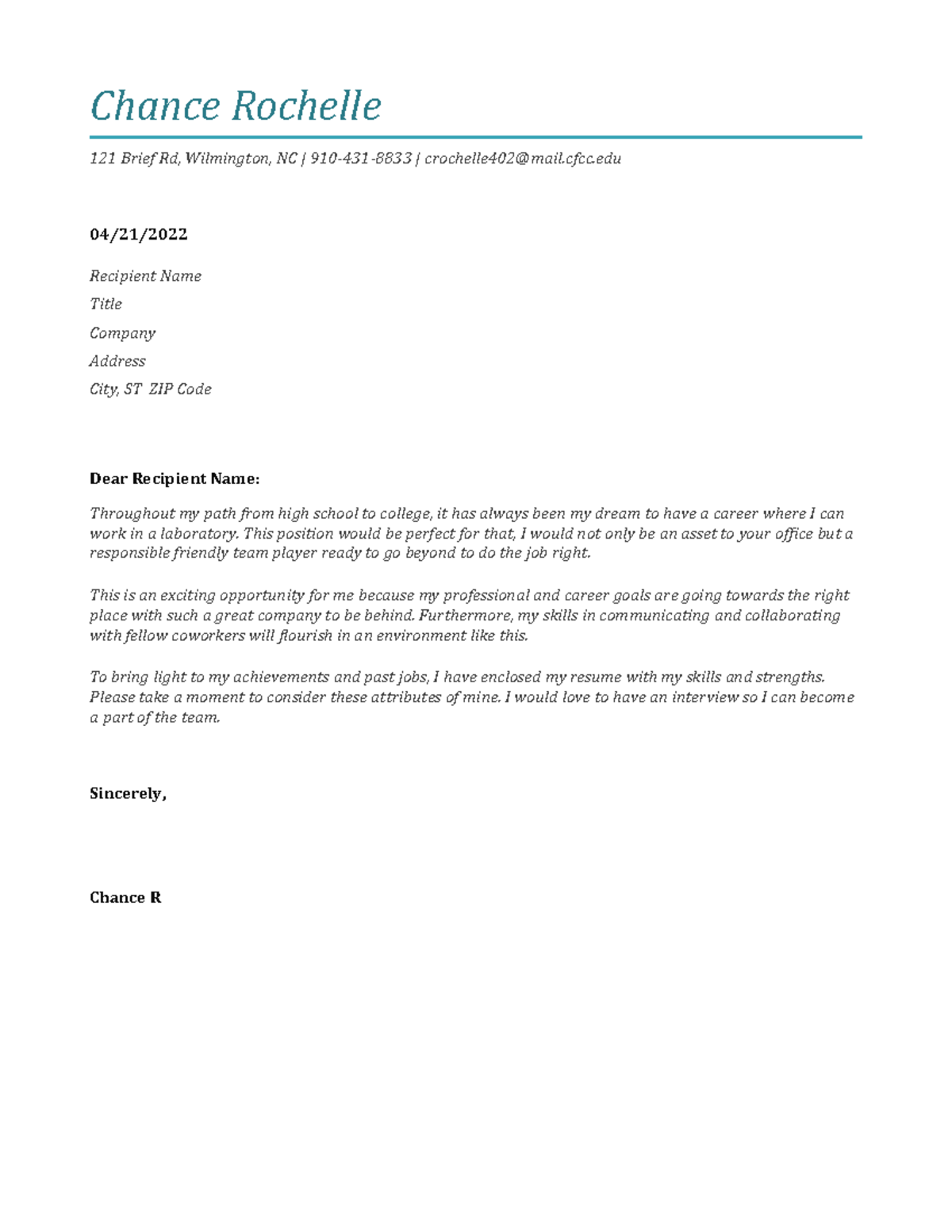 Mock Cover Letter - Chance Rochelle 121 Brief Rd, Wilmington, NC | 910 ...