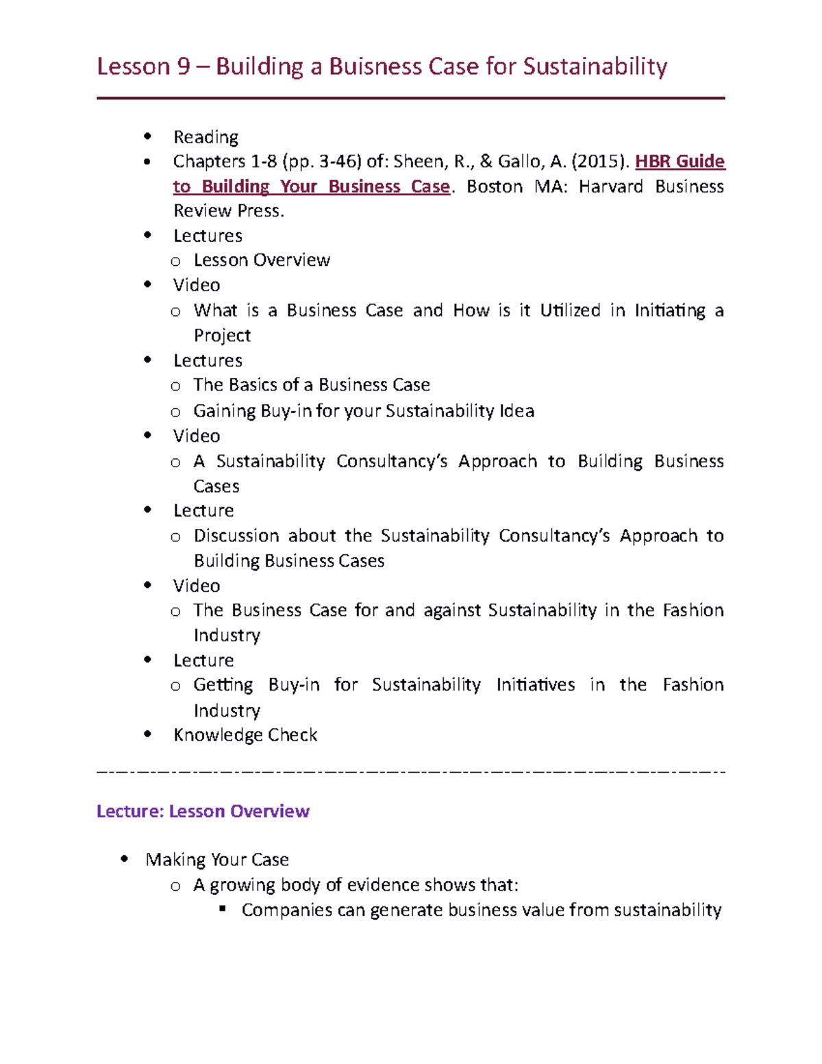 Notes from online lesson 9 - Lesson 9 – Building a Buisness Case for ...