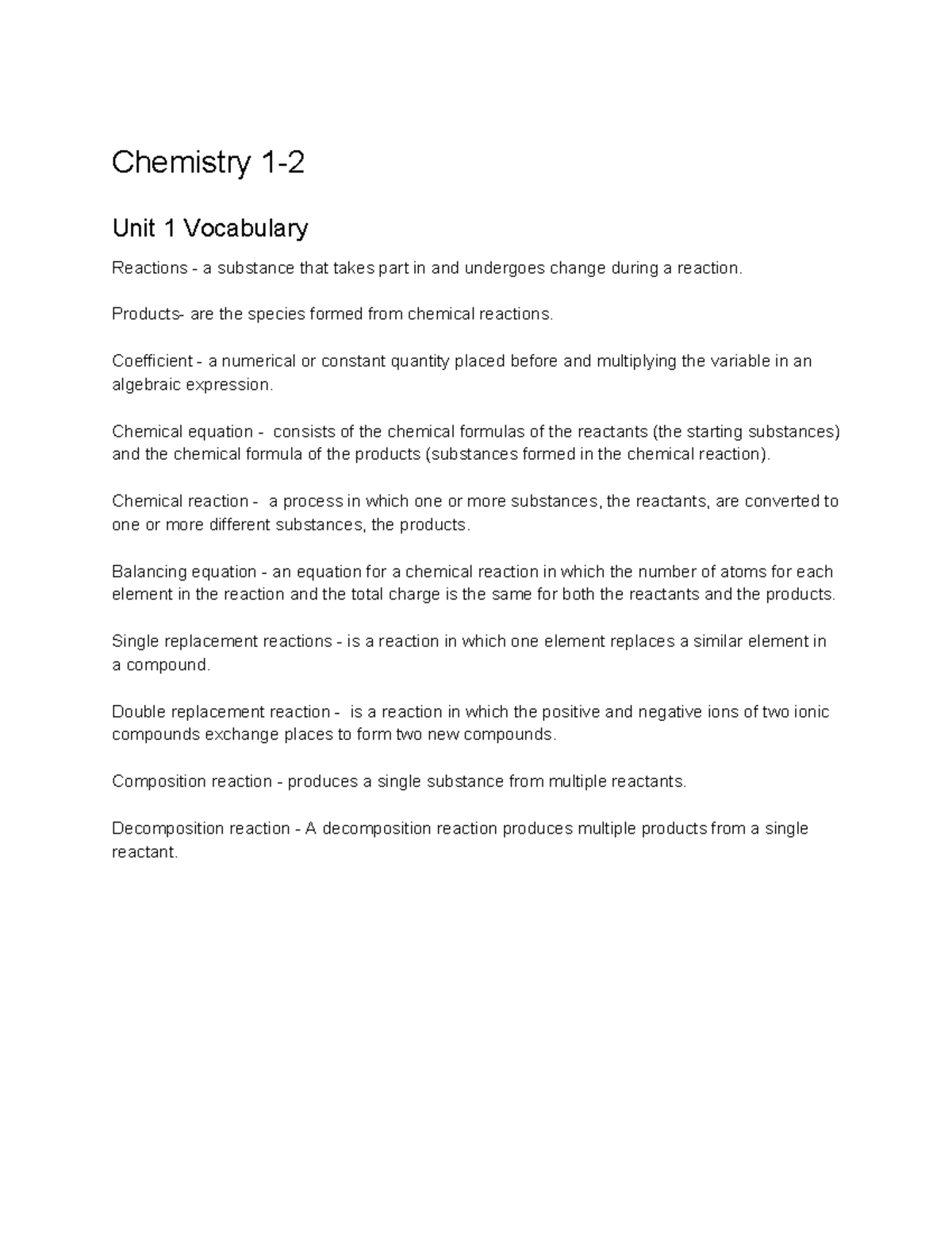 Unit 1 Voacabulary - unit one chemistry vocabulary words - Chemistry 1 ...