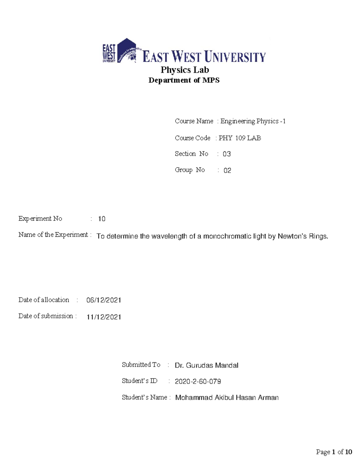 10.Newton’s Rings - Assignment - Physics Lab ####### Department of MPS Course Name : Engineering ...