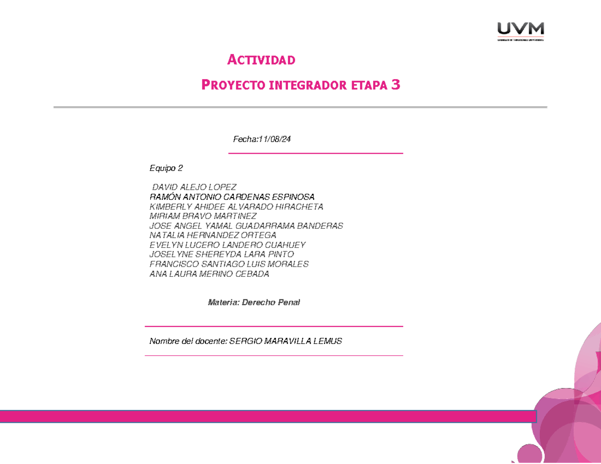 Proyecto Integrador E3 UVM - ACTIVIDAD PROYECTO INTEGRADOR ETAPA 3 Fecha:11/08/ Equipo 2 DAVID ...