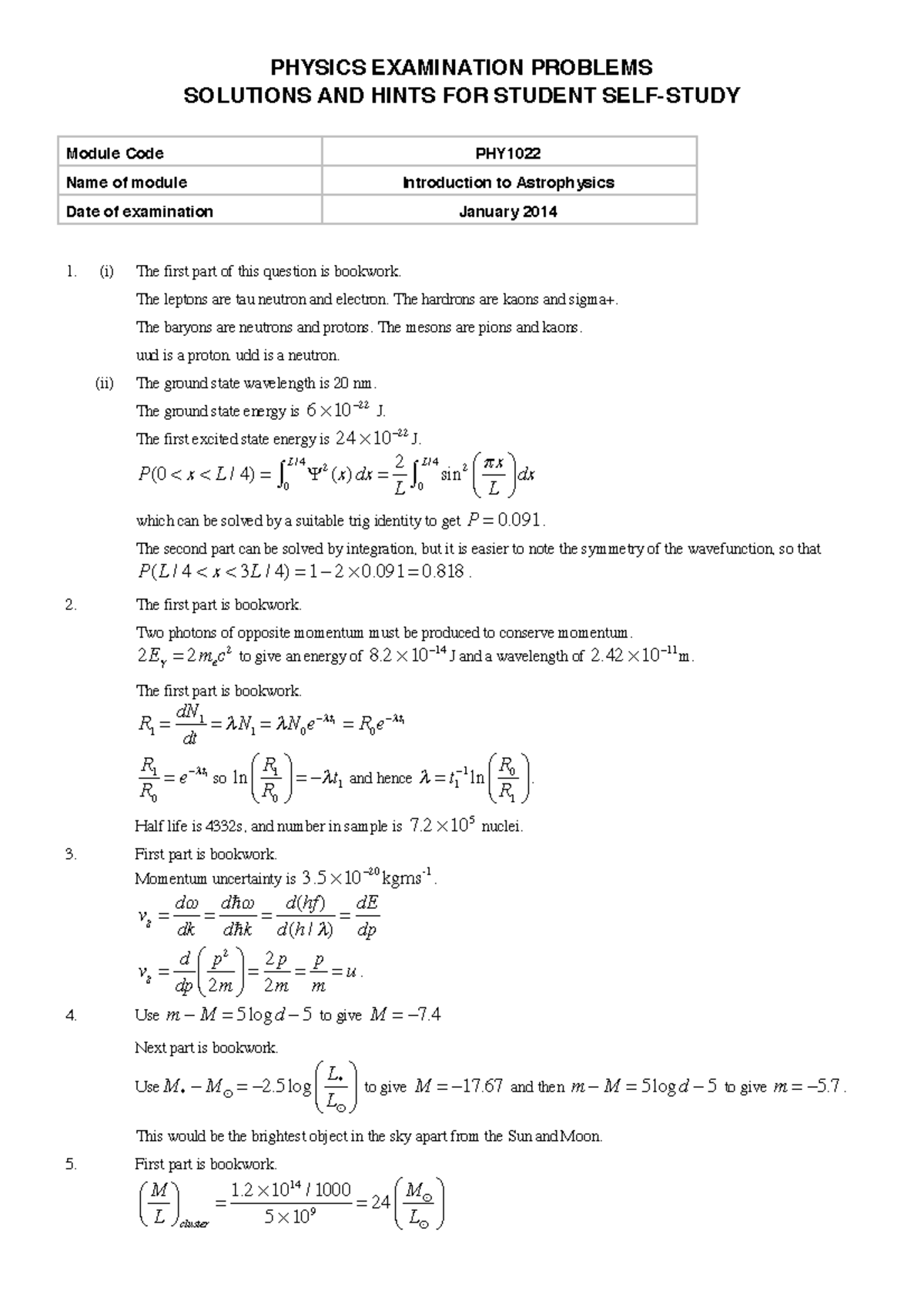 Exam January 2014, answers - PHYSICS EXAMINATION PROBLEMS SOLUTIONS AND ...