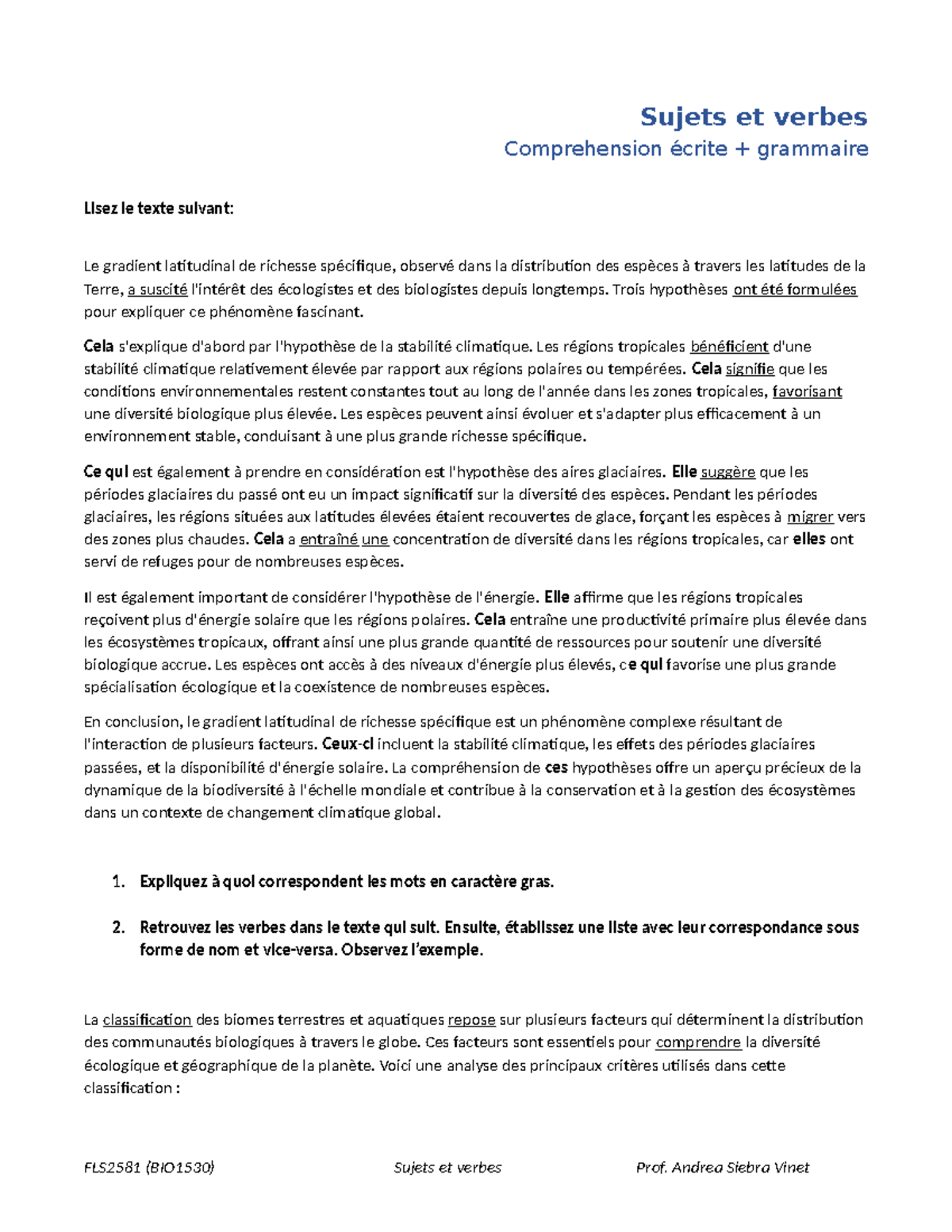 Sujets et verbes - Study Guide - Sujets et verbes Comprehension écrite ...