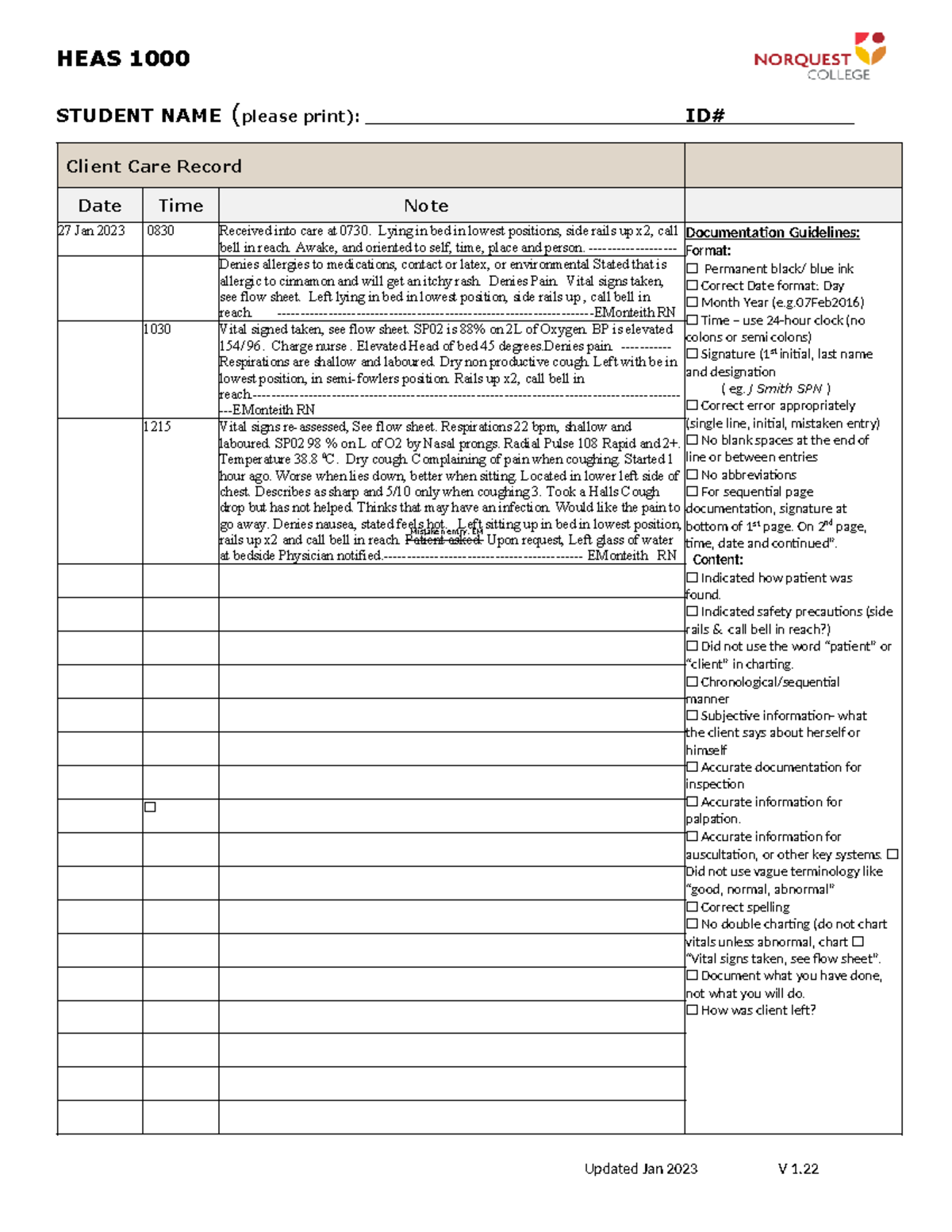 Client Care Record with Guidelines Jan 2023 - HEAS 1000 Updated Jan ...