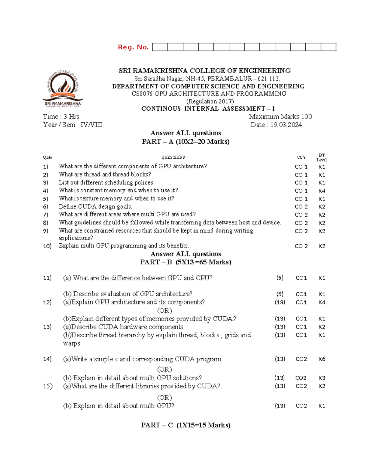 POM CIA 1 2023 -ODD - nil - Reg. No. SRI RAMAKRISHNA COLLEGE OF ENGINEERING Sri Saradha Nagar ...