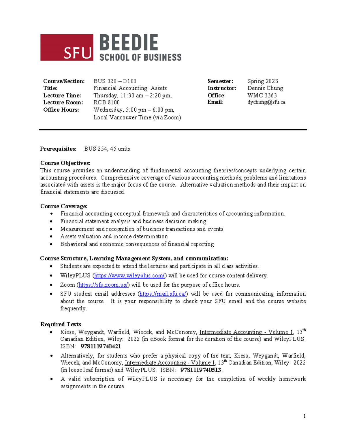 Course Outline BUS320 (Spring 2023 D100) - Course/Section: BUS 320 ...