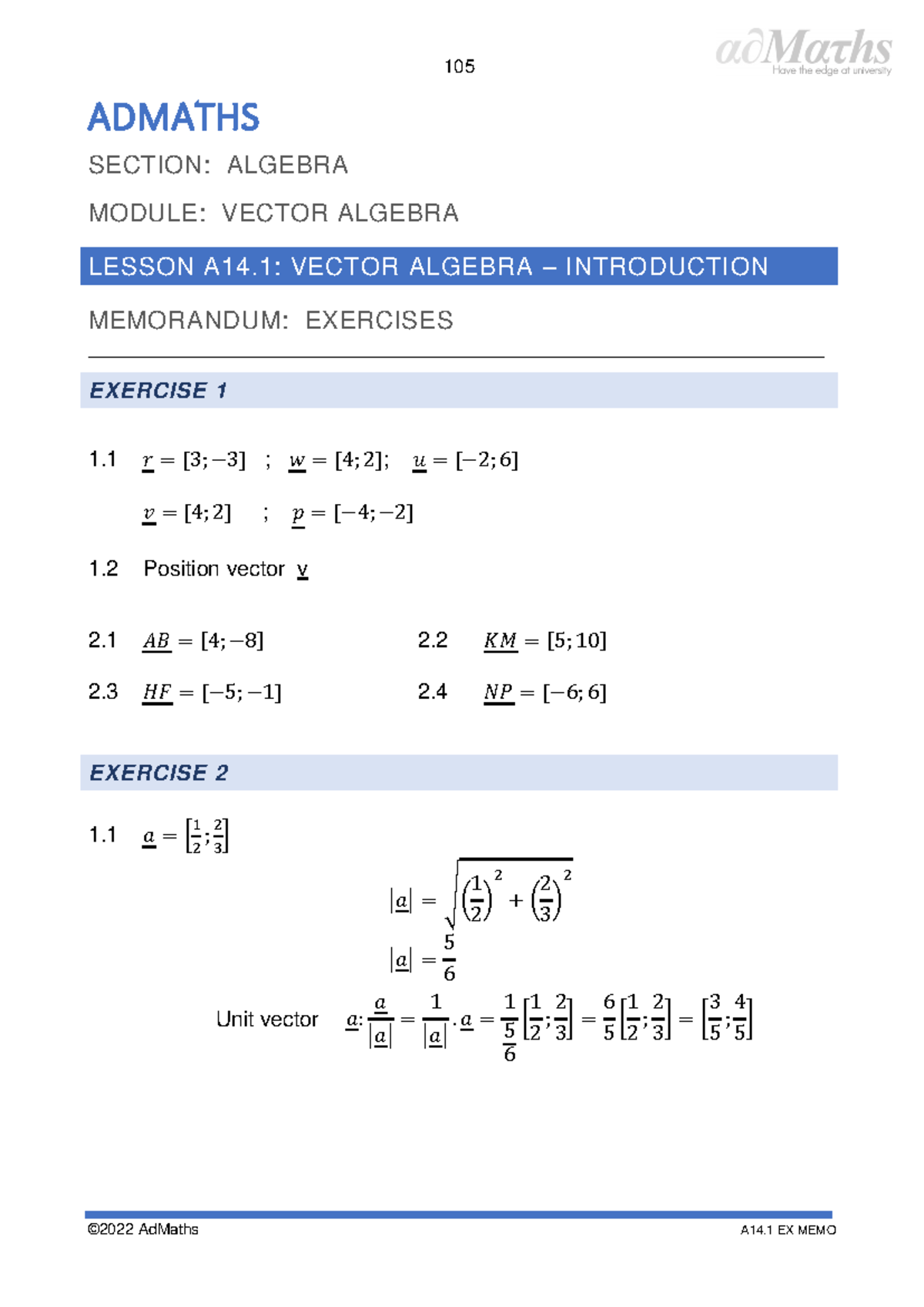 Gr 10 vectors solutions - ©20 22 AdMaths A1 4 .1 EX MEMO ADMATHS ...