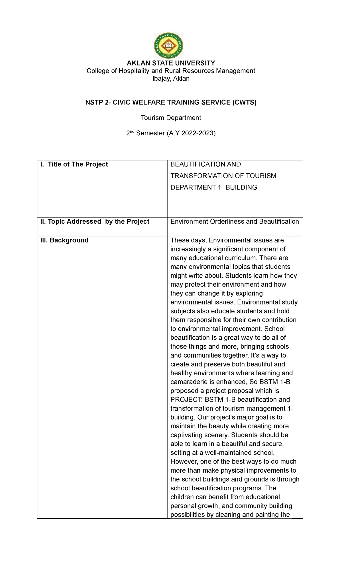CWTS Group 234 Proposal Paper - AKLAN STATE UNIVERSITY College of ...