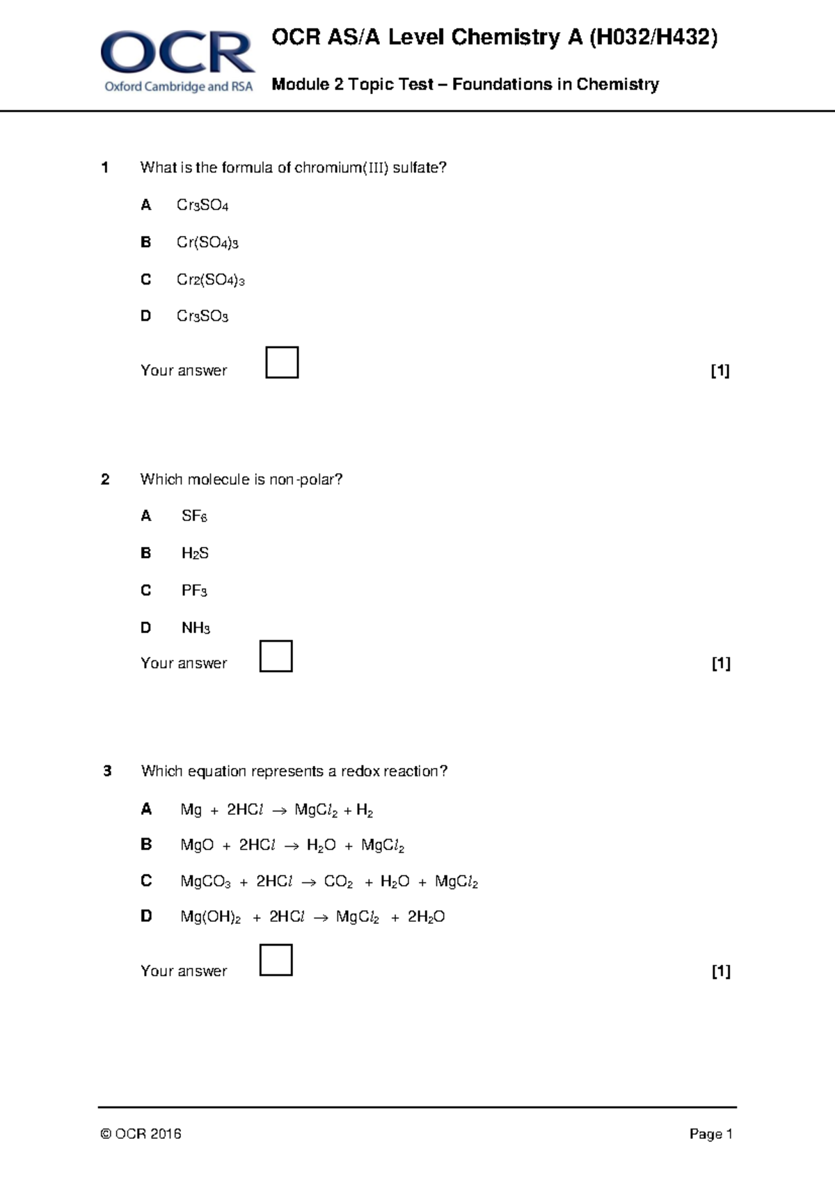 Module+2+-+Foundations+in+Chemistry - Module 2 Topic Test – Foundations ...