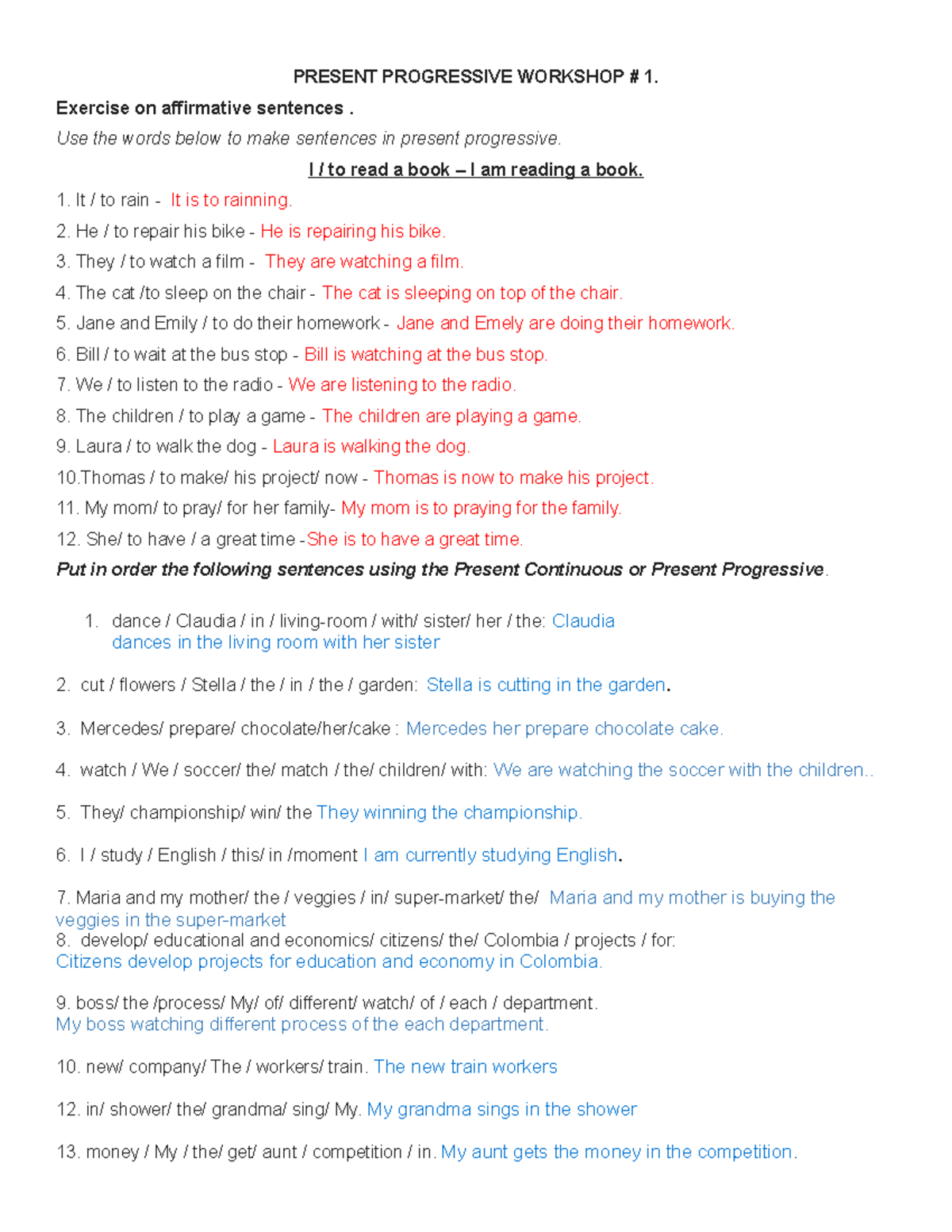 Affirmative in present progressive Workshop No.1 - PRESENT PROGRESSIVE ...