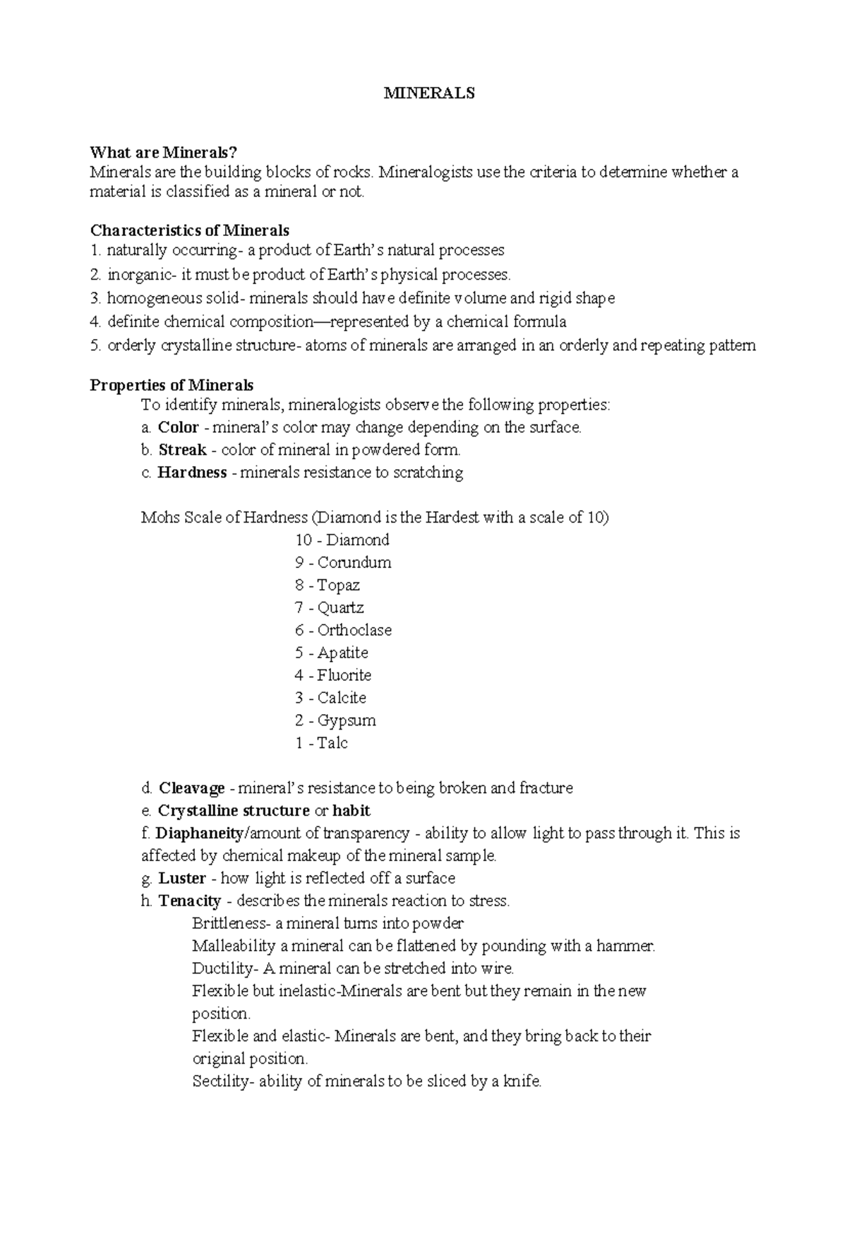 Lecture Notes - Minerals - MINERALS What are Minerals? Minerals are the ...