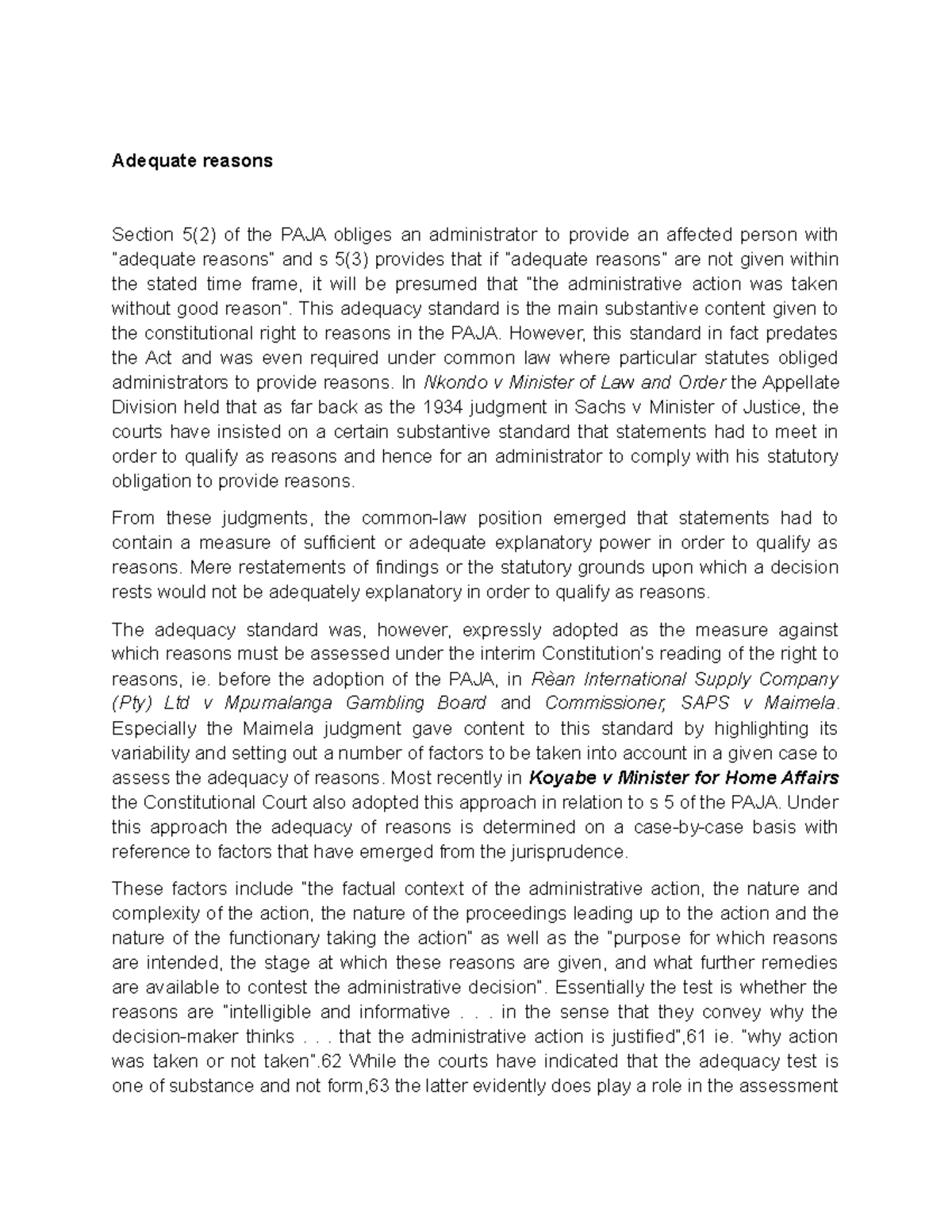 Chapter 7 Notes - Reasonableness of administrative action - Adequate ...