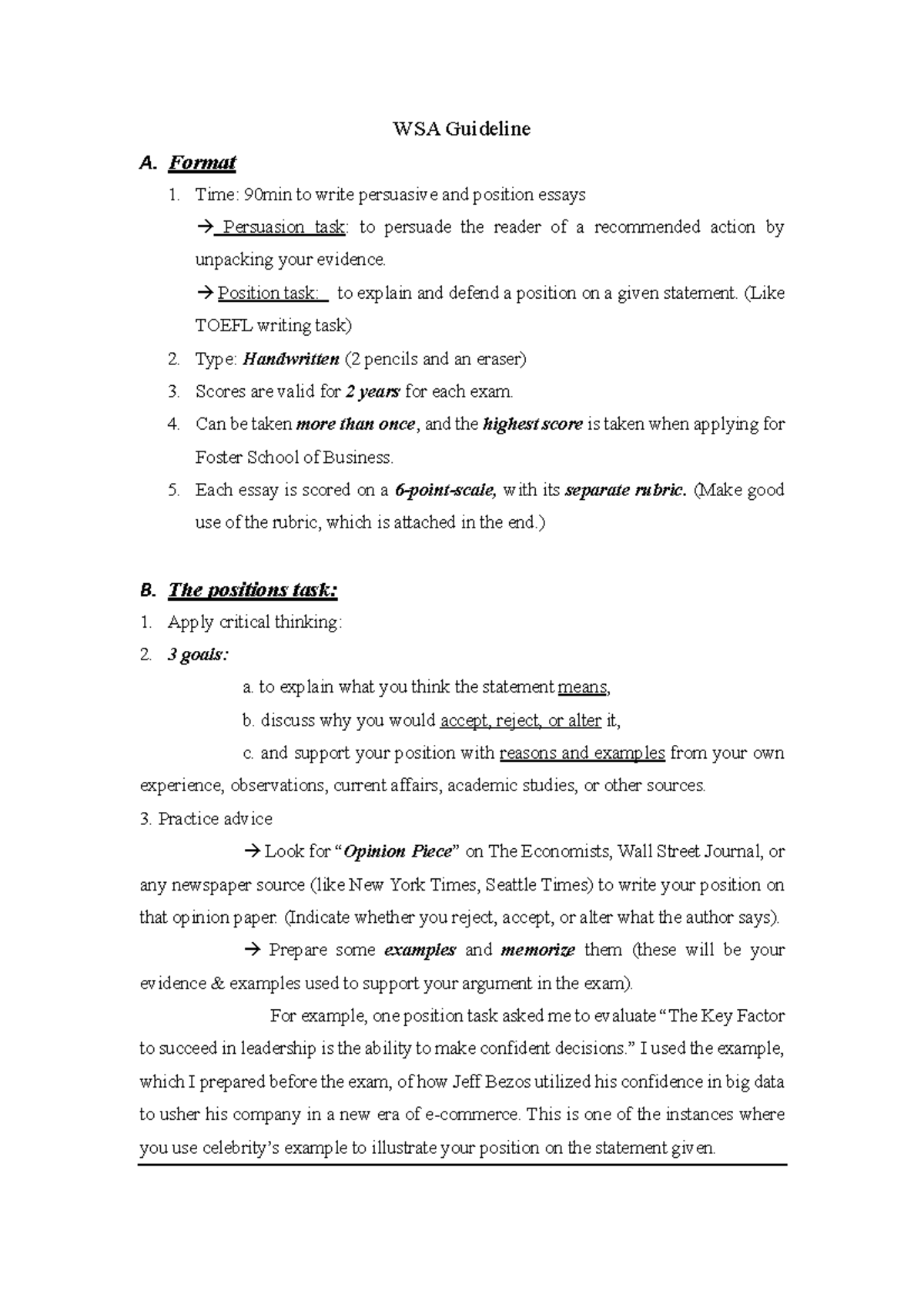 WSA Guideline 2020 - WSA Guideline A. Format Time: 90 min to write ...