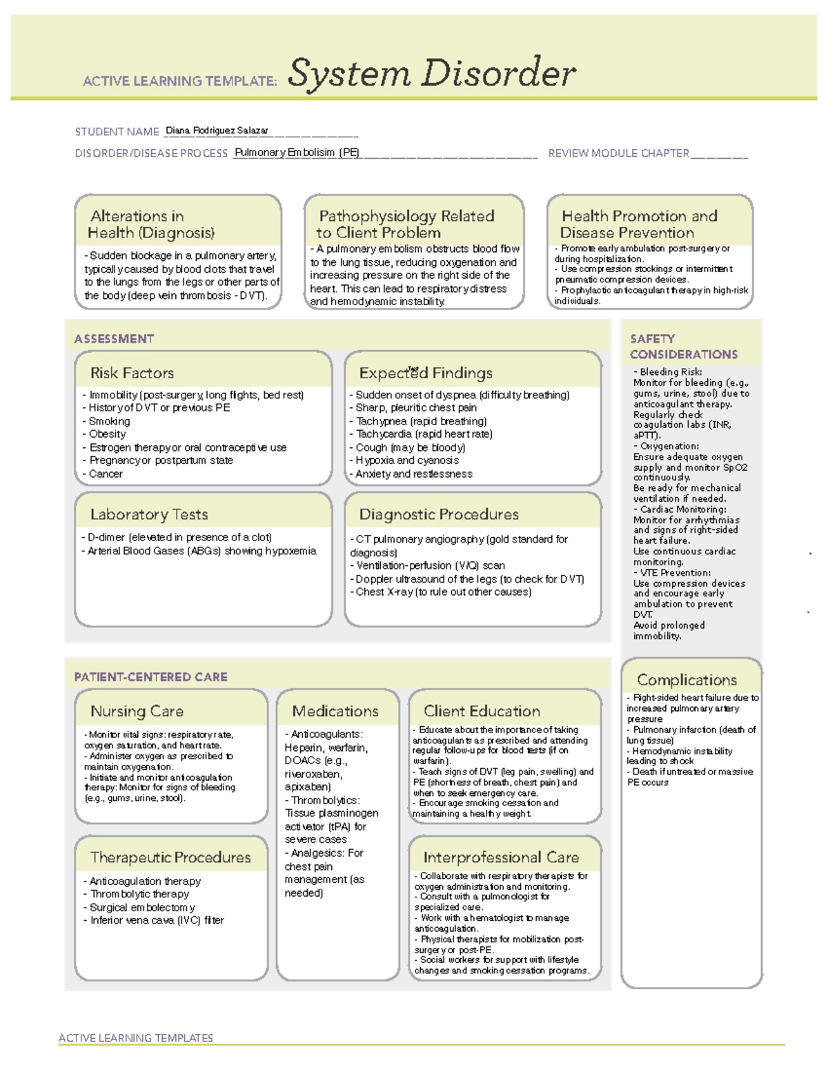 PE - Pulmonary Embolism - ACTIVE LEARNING TEMPLATES System Disorder ...
