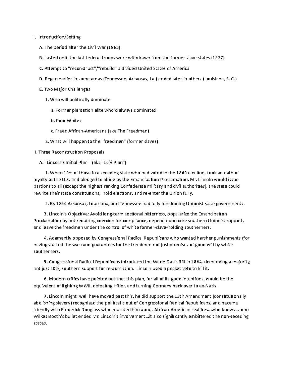 Reconstruction Notes - HELPS WITH ESSAYS - I. Introduction/Setting A ...