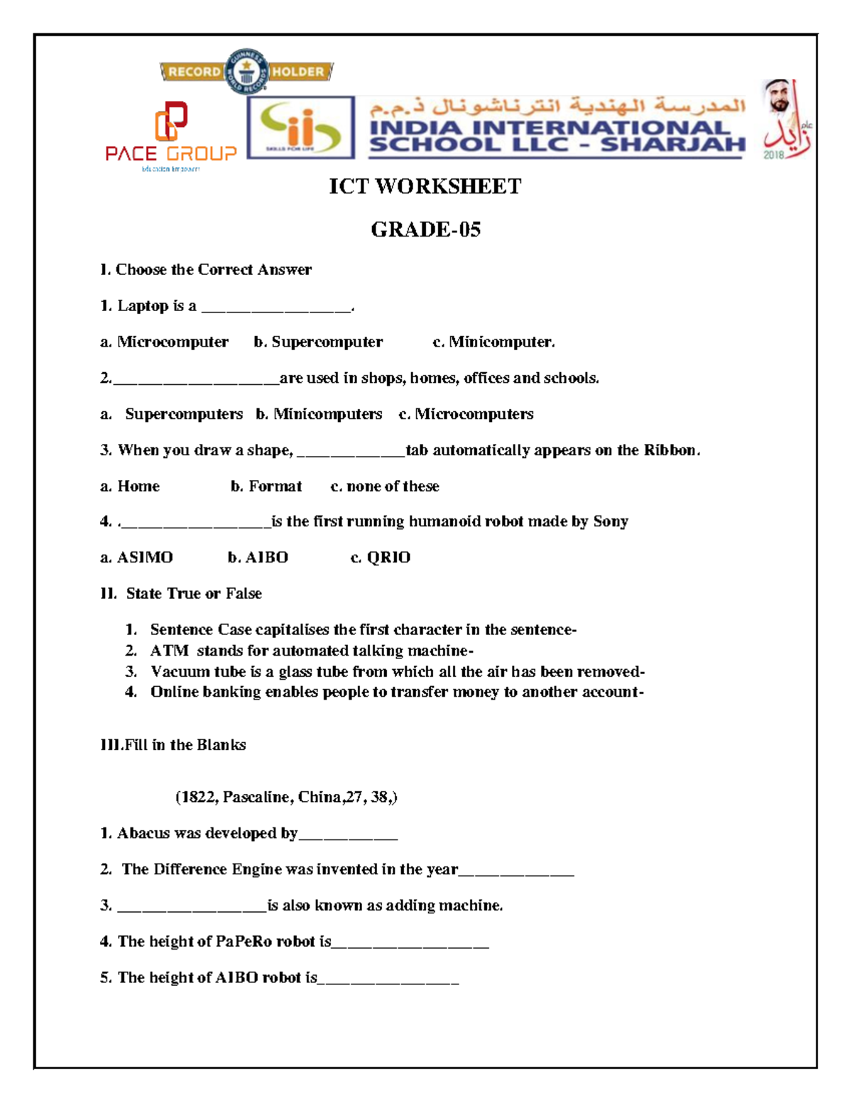 1609 Gr.5 Worksheet ICT - ICT WORKSHEET GRADE- 05 I. Choose the Correct ...