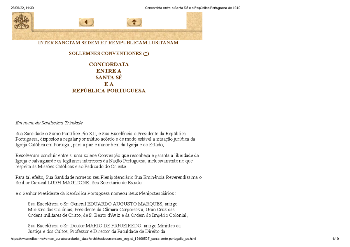 Concordata entre a Santa Sé e a República Portuguesa de 1940 - INTER ...