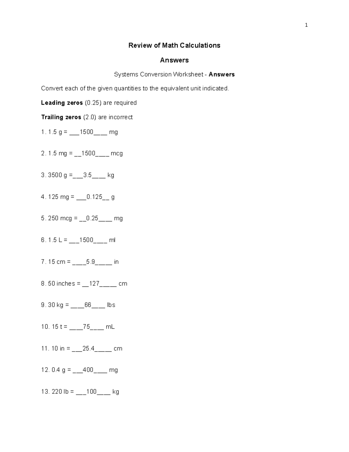 Review Of Math Calculations All Courses Answer Key Review Of Math
