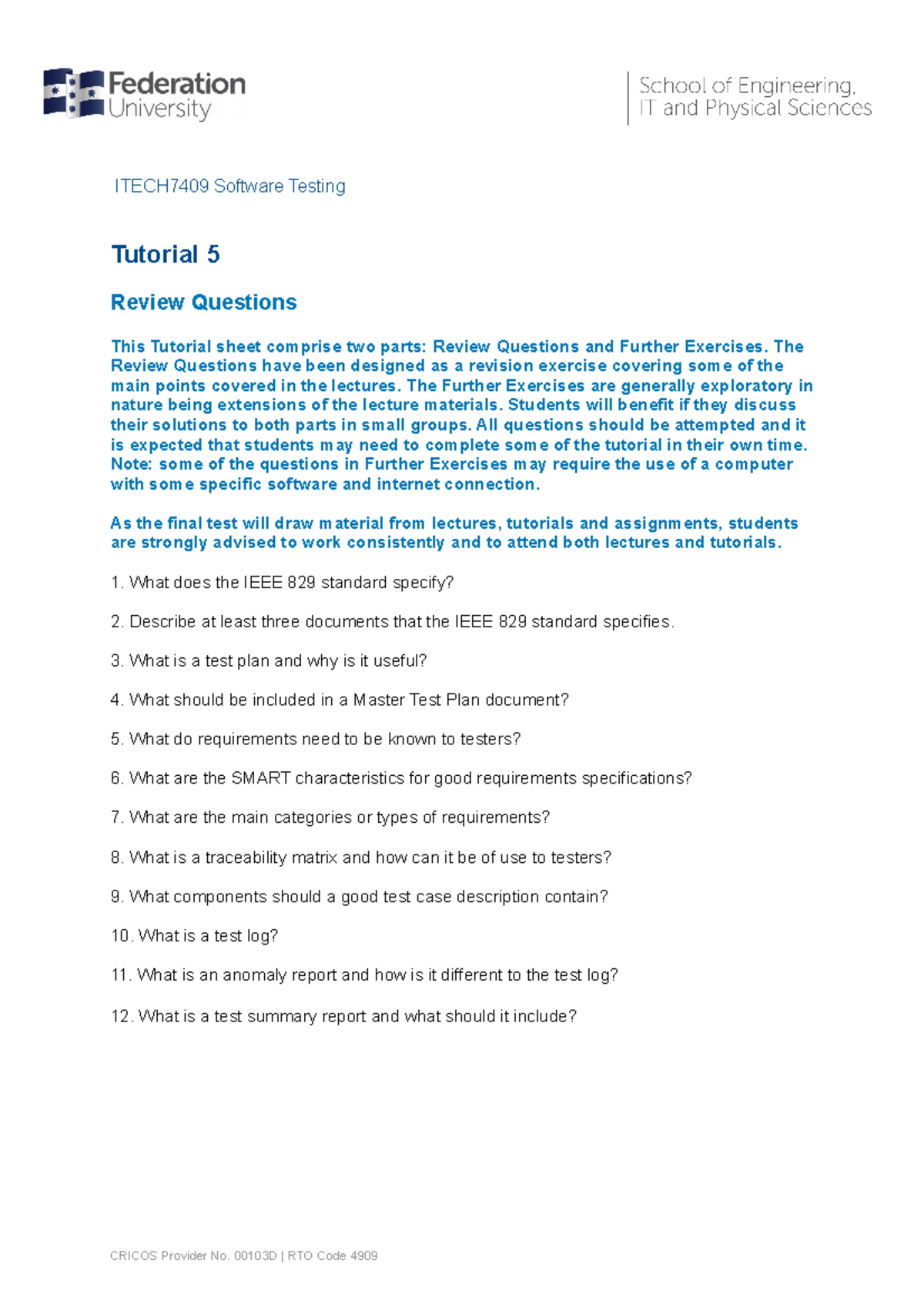 Itech 7409 Tutorial 05 - ITECH7409 Software Testing Tutorial 5 Review ...