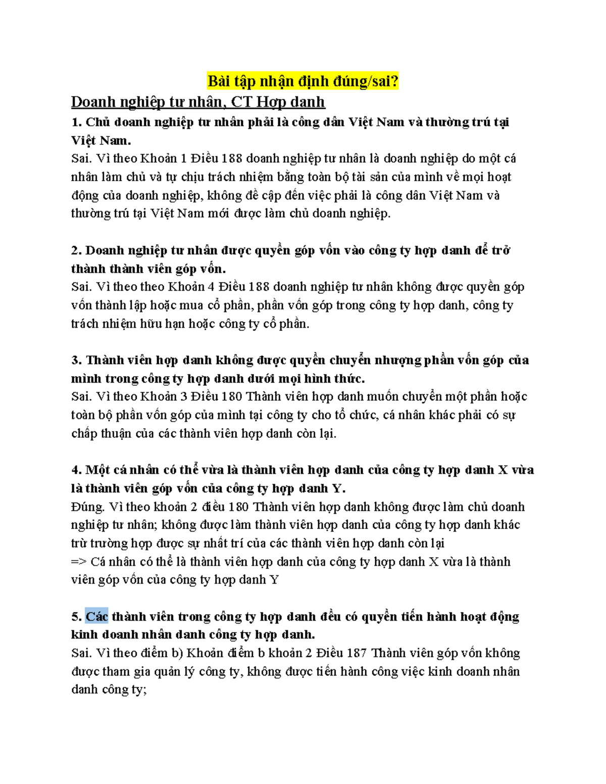 CTHD - cthd dung sai - Bài tập nhận định đúng/sai? Doanh nghiệp tư nhân, CT Hợp danh 1. Chủ ...