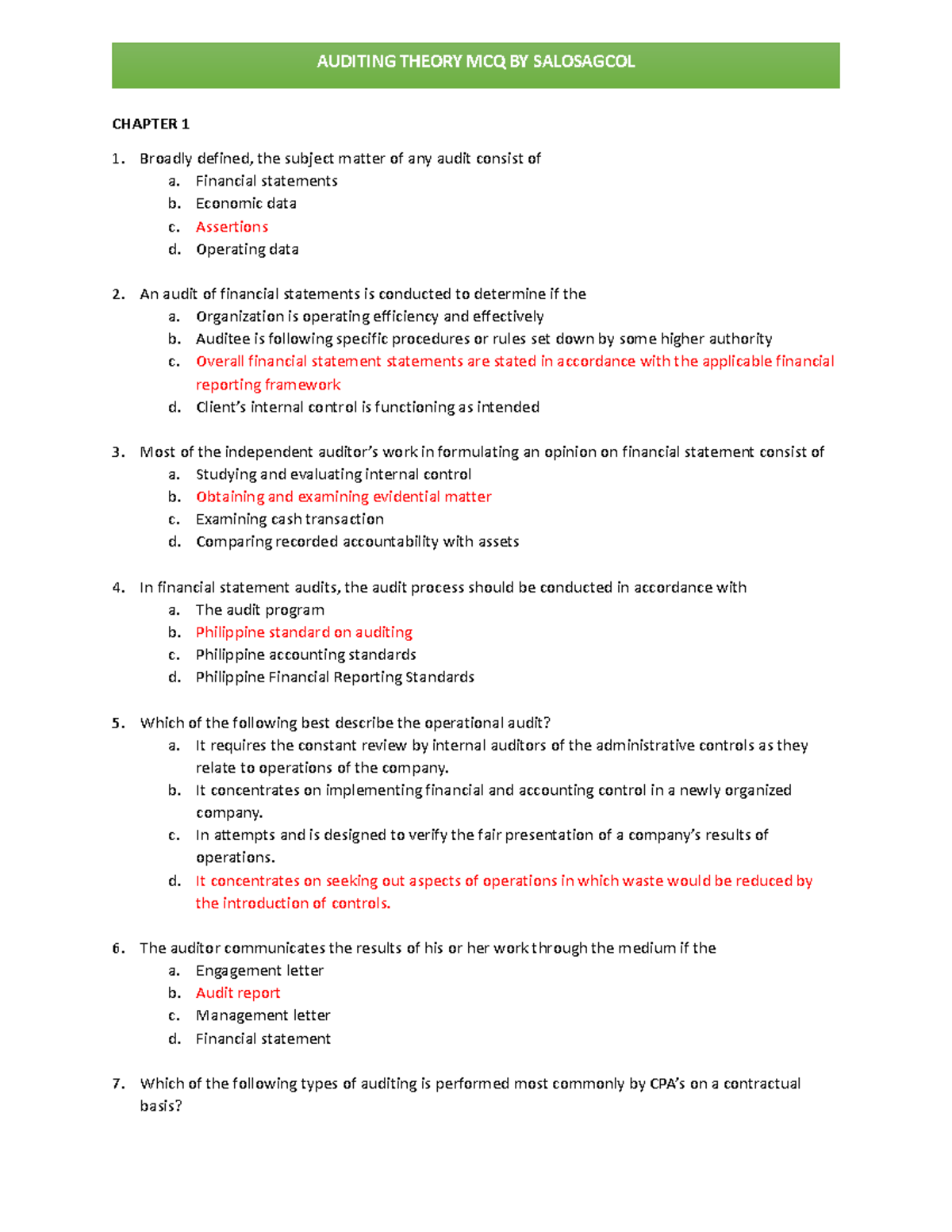 301451253 Auditing Theory MCQs by Salosagcol with answers - CHAPTER 1 ...