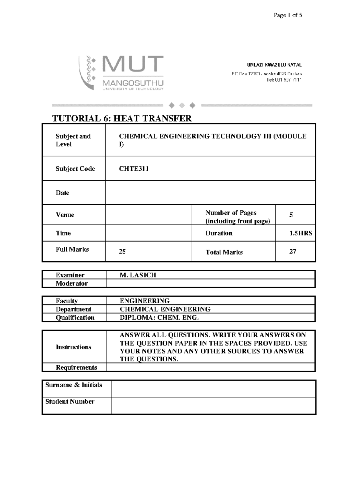 CHTE311 Tutorial 6 Heat Transfer - Solutions - TUTORIAL 6 : HEAT ...