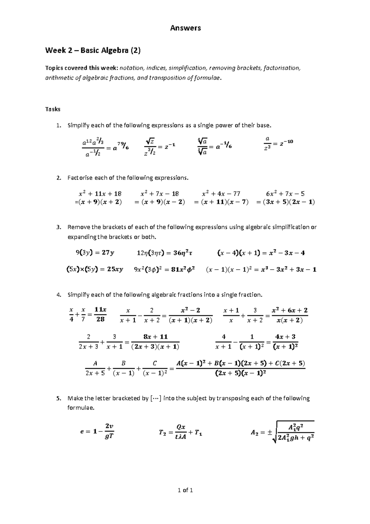 Tutorial with Answers - Answers Week 2 – Basic Algebra (2) Topics ...