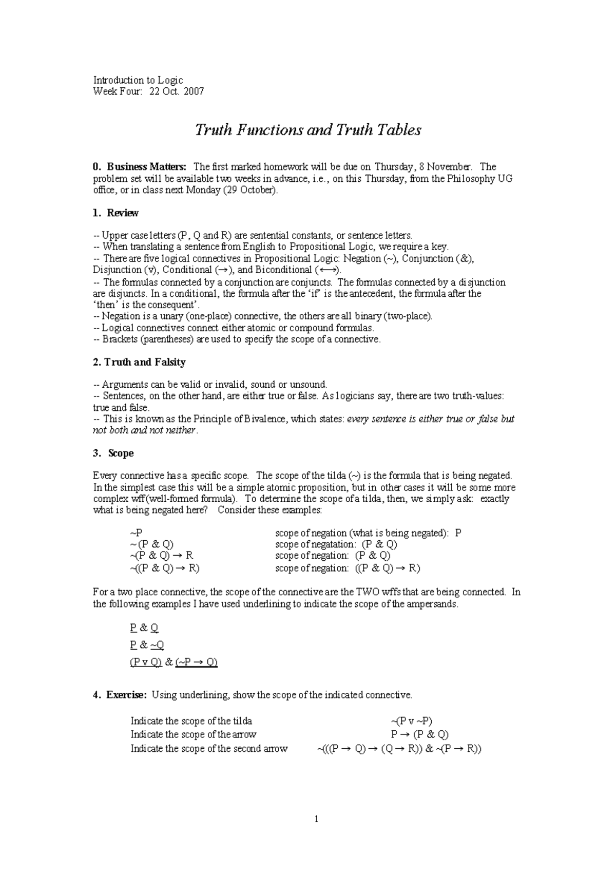 Truth Tables - Phil2040 - Introduction to Logic Week Four: 22 Oct. 2007 ...