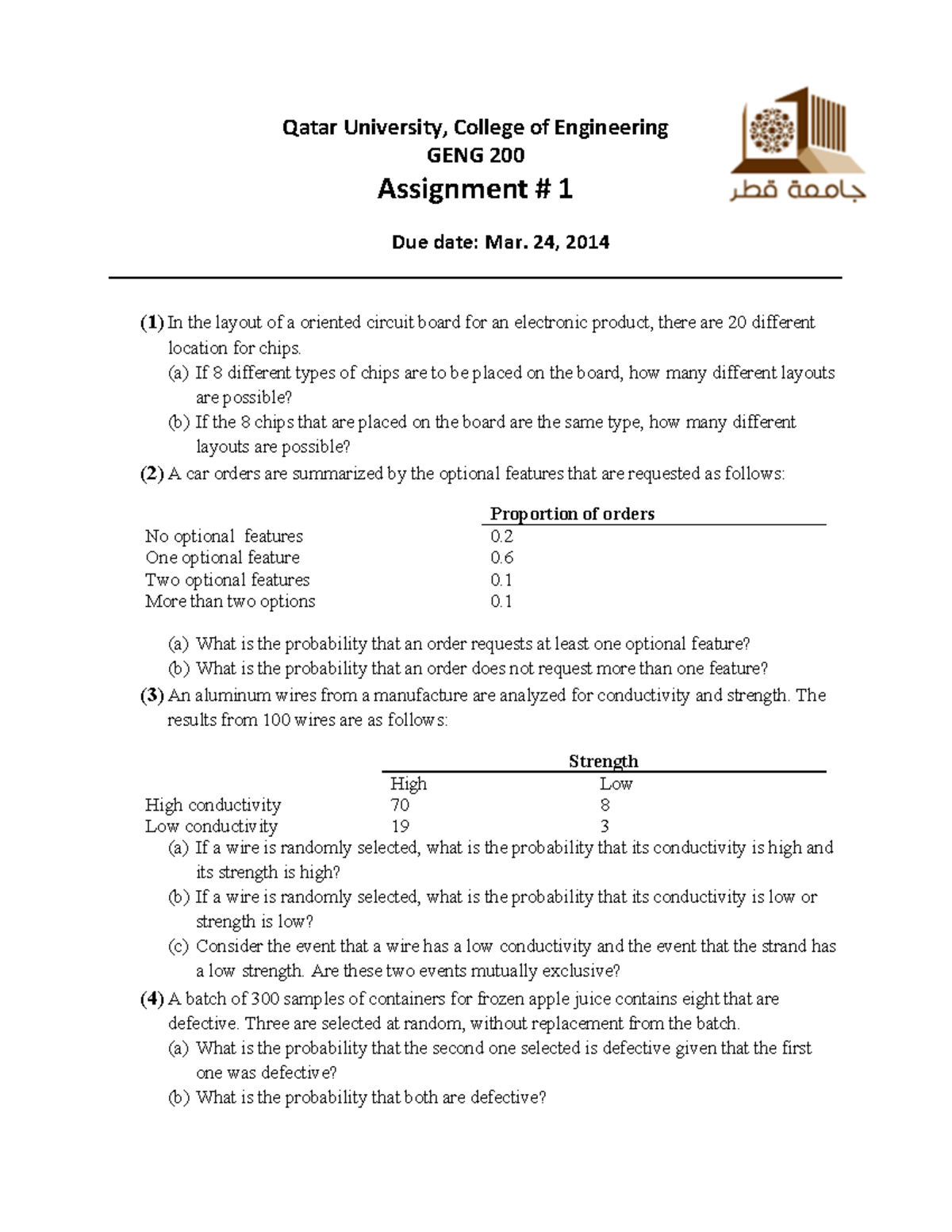 [Spring 2014 ] Assignment #1 - Qatar University, College of Engineering GENG 200 Assignment # 1 ...