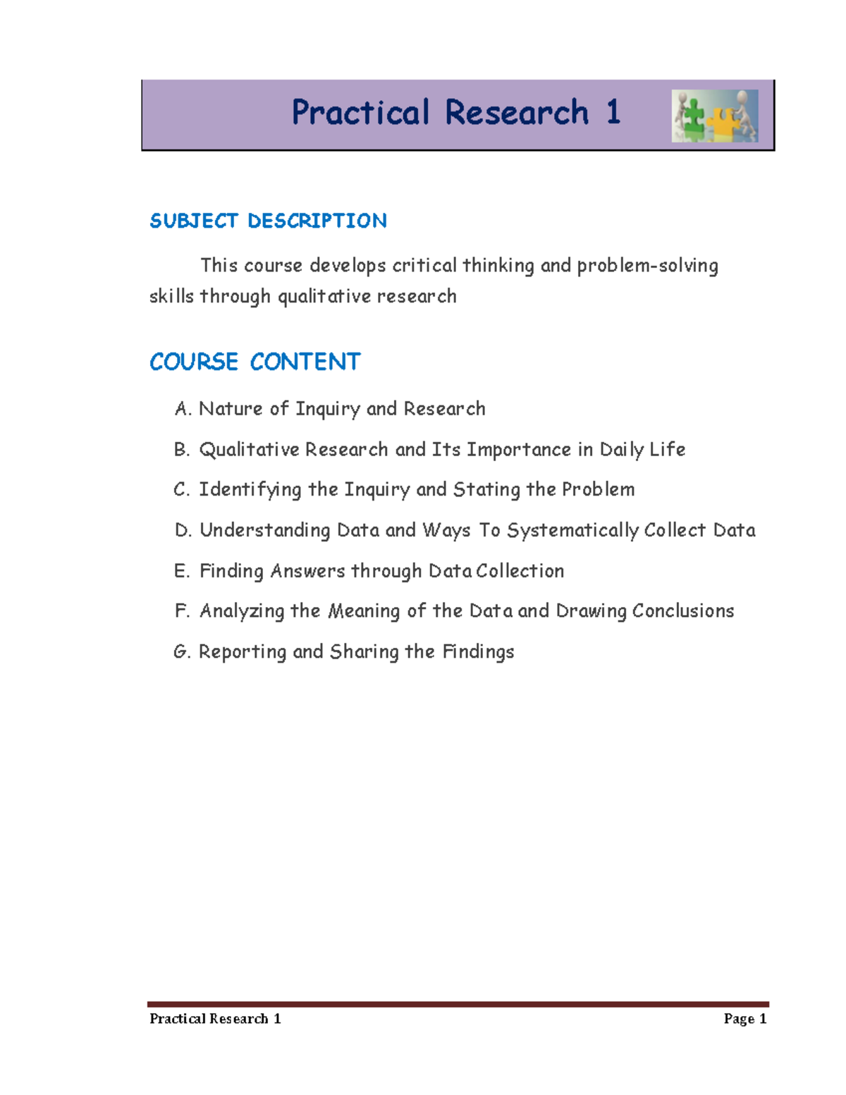 Practical Research 1 Topic 1 - Practical Research 1 SUBJECT DESCRIPTION ...