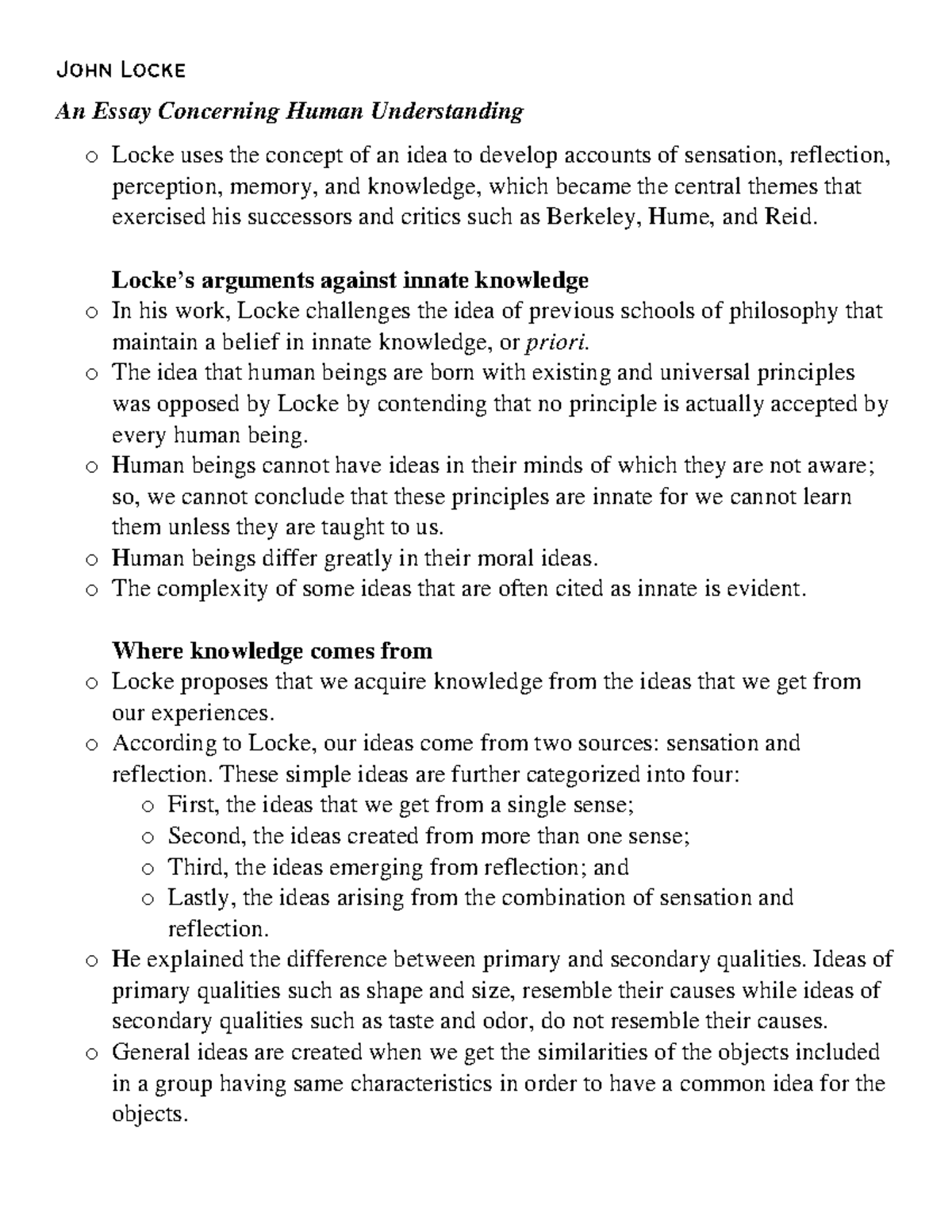 Module 7 & John Locke - Lecture notes 1 - An Essay Concerning Human ...