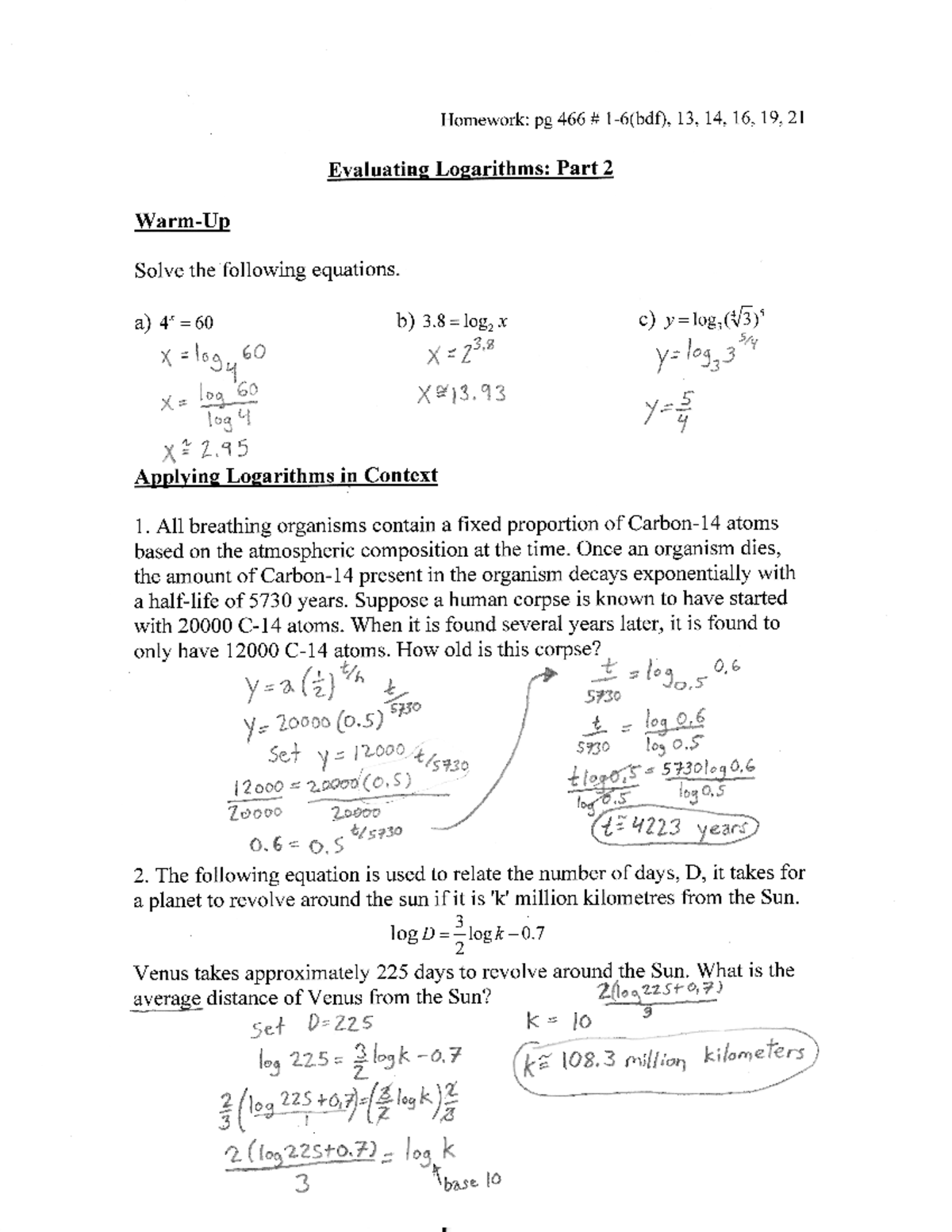 Mhf4u evaluatinglogarithms part2 soln - Math 125.3 - Studocu