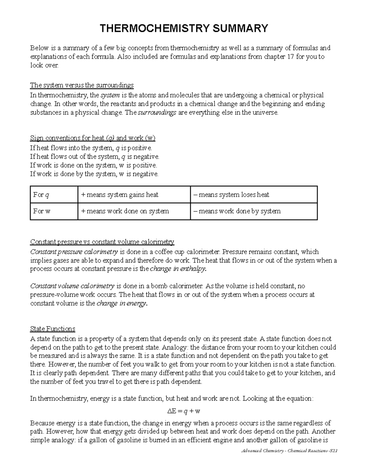 CHEM 102 Thermochemistry Summary - THERMOCHEMISTRY SUMMARY Below is a ...