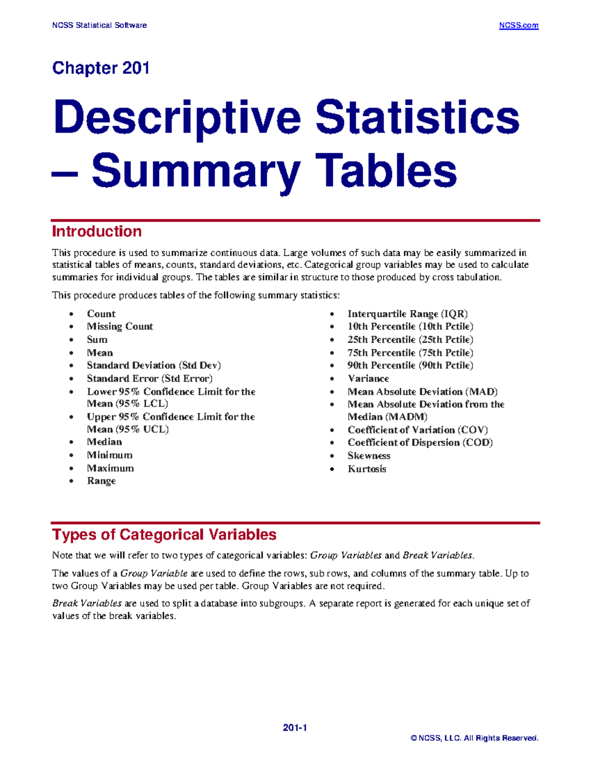 Descriptive Statistics-Summary Tables - 201- Chapter 201 Descriptive Statistics – Summary Tables ...