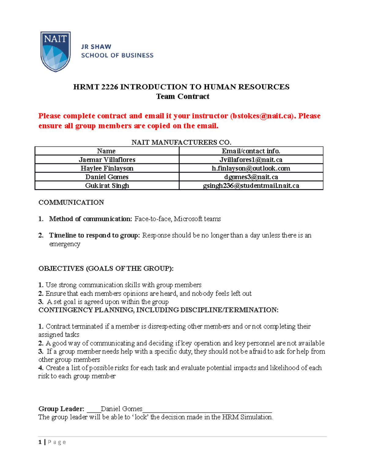 Team Contract HRMT2226 - HRMT 2226 INTRODUCTION TO HUMAN RESOURCES Team ...