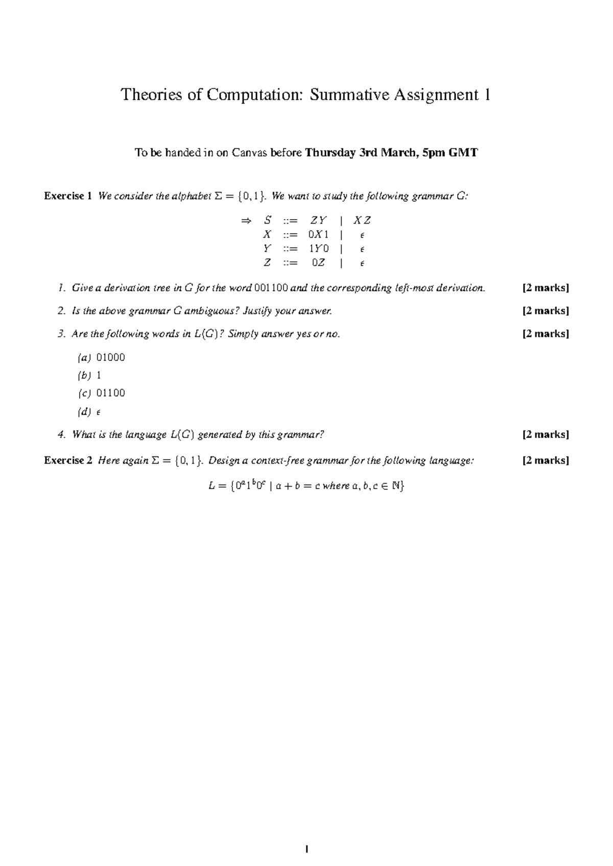 Summative 1-Questions - Theories of Computation: Summative Assignment 1 To be handed in on ...