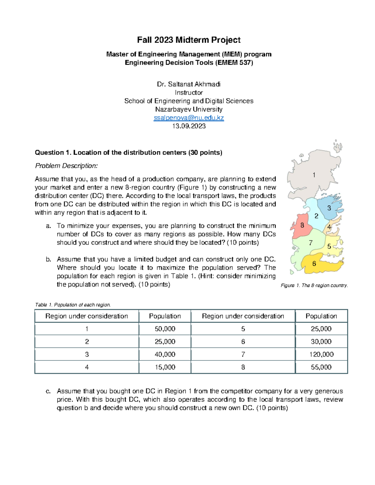 Midterm problem description - Fall 2023 Midterm Project Master of Engineering Management (MEM ...