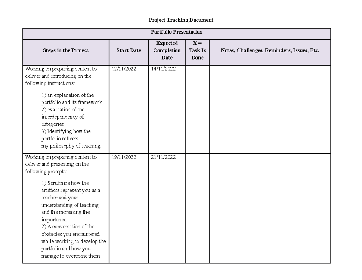 Project Tracking Document - Project Tracking Document Portfolio ...