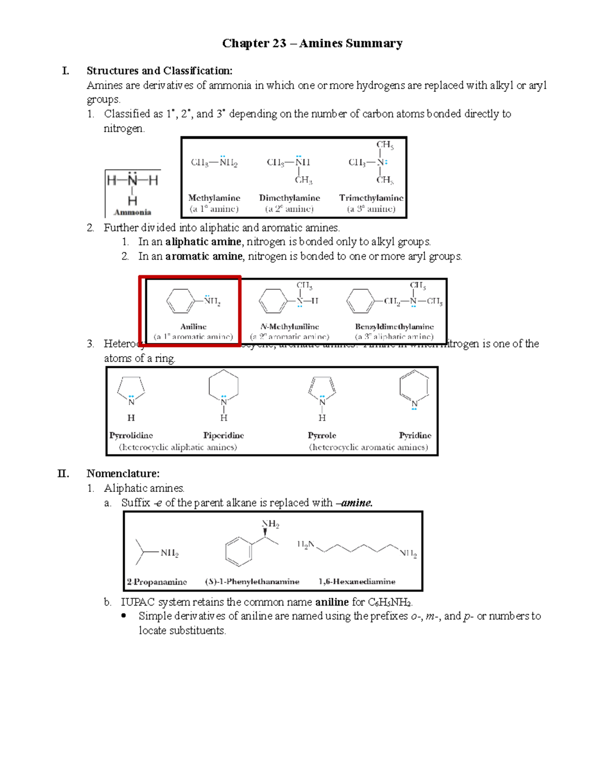 Chapter 23 - Amines Summary - Chapter 23 – Amines Summary I. Structures ...