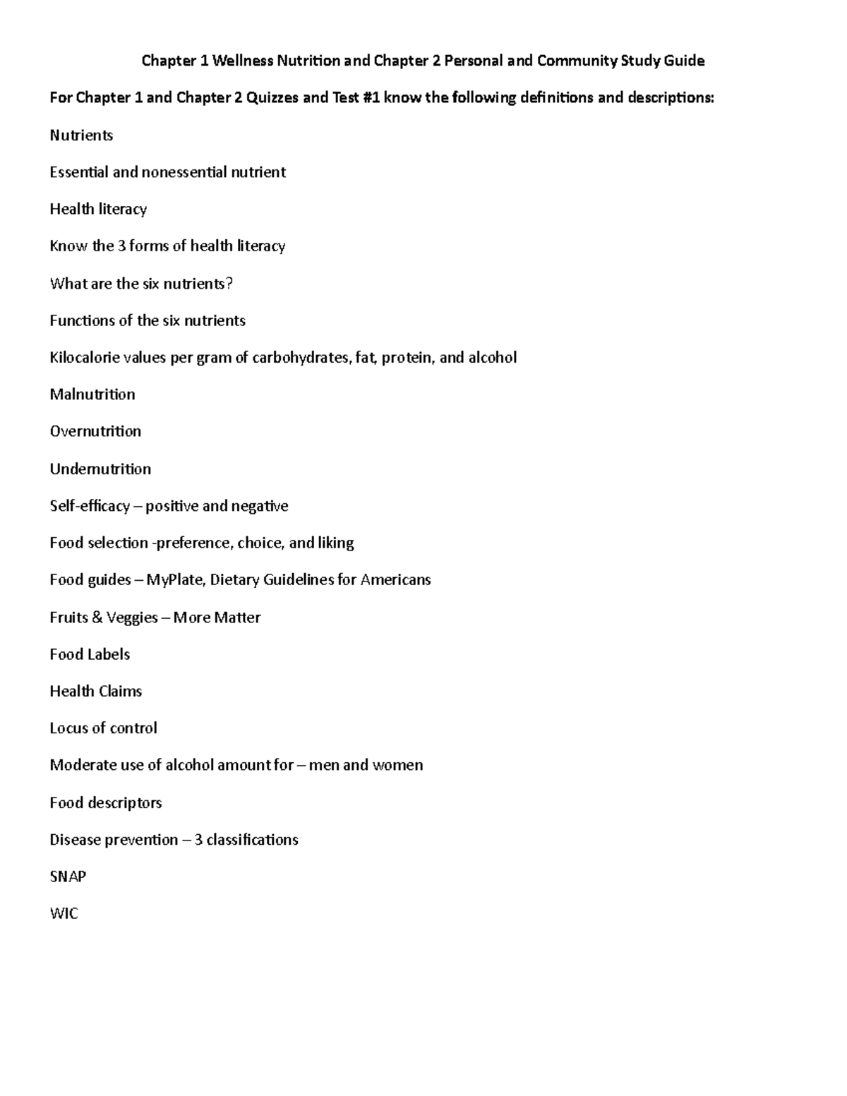 Chapter 1 Wellness Nutrition and Chapter 2 Personal and Community Study ...