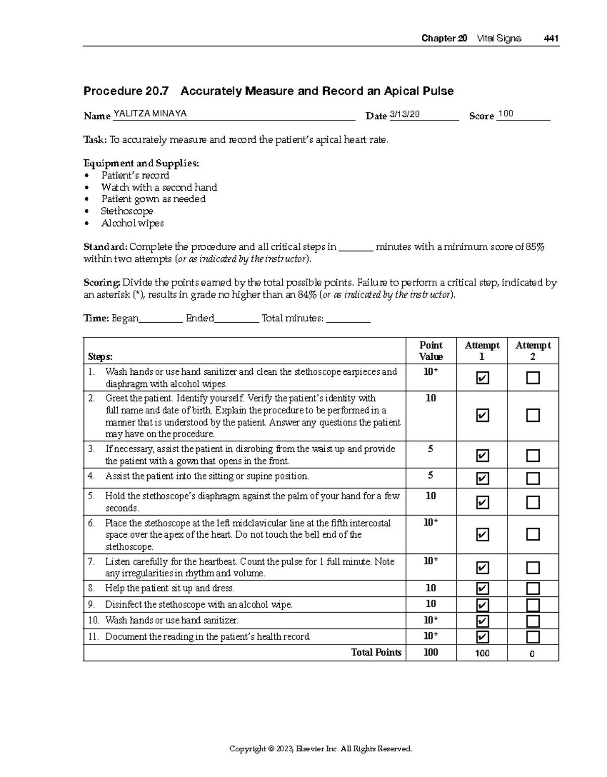 Apical Pulse - Chapter 20 Vital Signs 441 Copyright © 2023, Elsevier ...