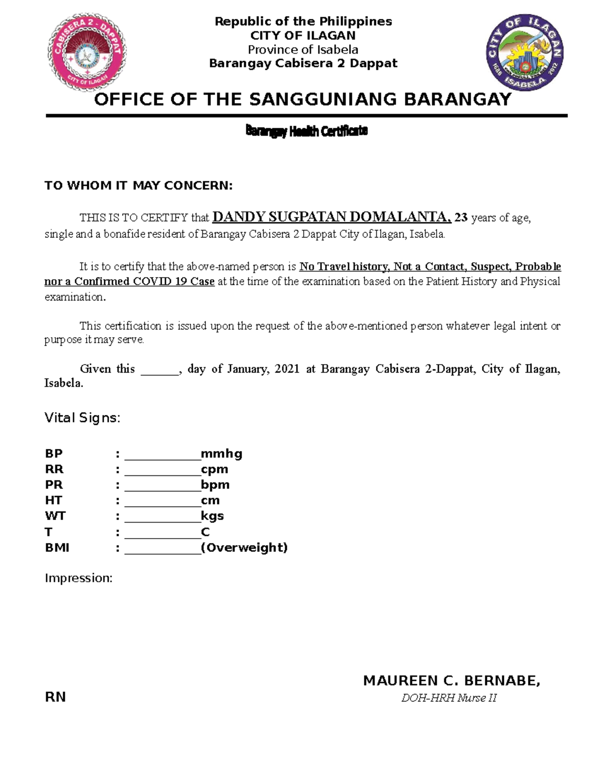 Health Certificate - help you to enrich your goal - Republic of the ...