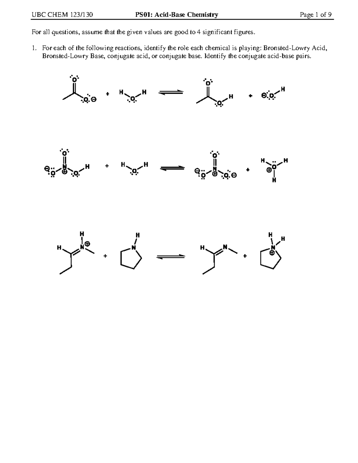 PS01 Acid Base - practice assignments to do - For all questions, assume ...