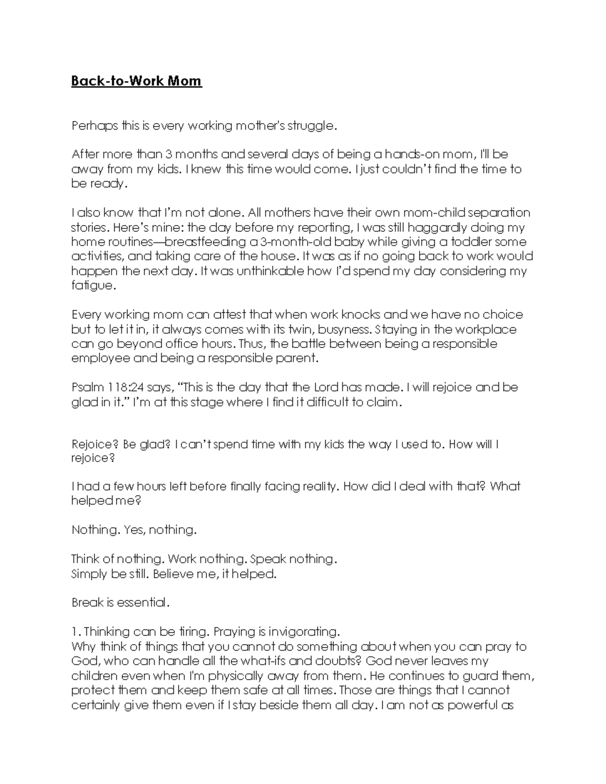 Back to work mom - THe document entails the struggles that a back-to ...