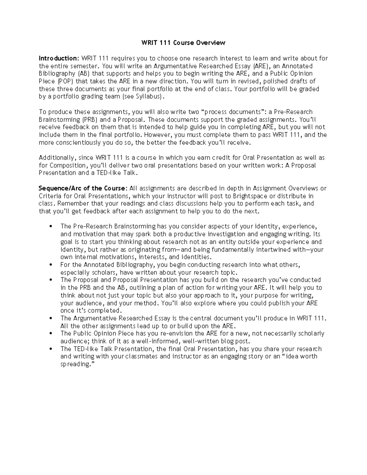 WRIT 111 Course Overview - WRIT 111 Course Overview Introduction: WRIT ...