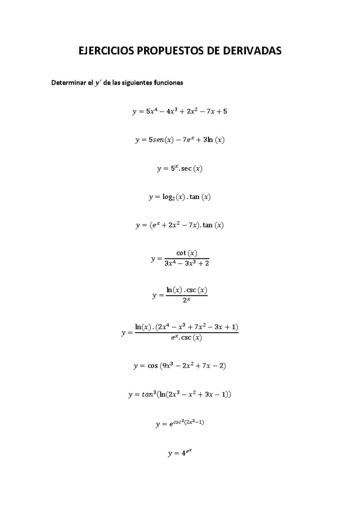 Archivotareasilabo 20231019124557 - EJERCICIOS PROPUESTOS DE DERIVADAS Determinar el 𝒚 ́ de las ...