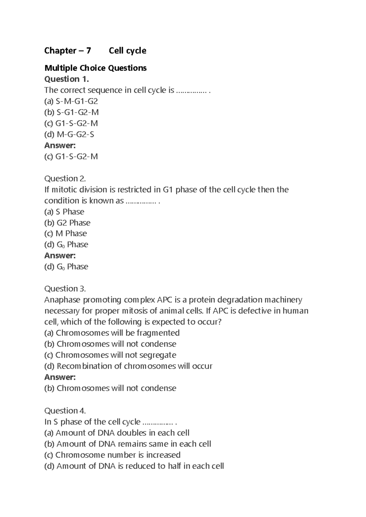 11th c-7 cell cycle notes - Chapter – 7 Cell cycle Multiple Choice ...